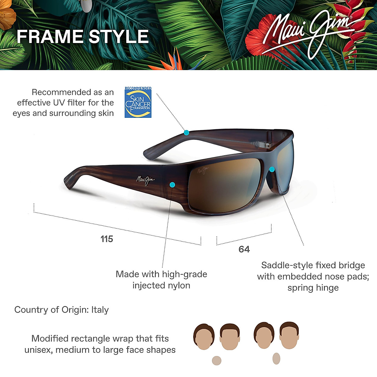 Maui Jim Men's and Women's World Cup Polarized Wrap Sunglasses, Chocolate Stripe Fade/HCL® Bronze, Large