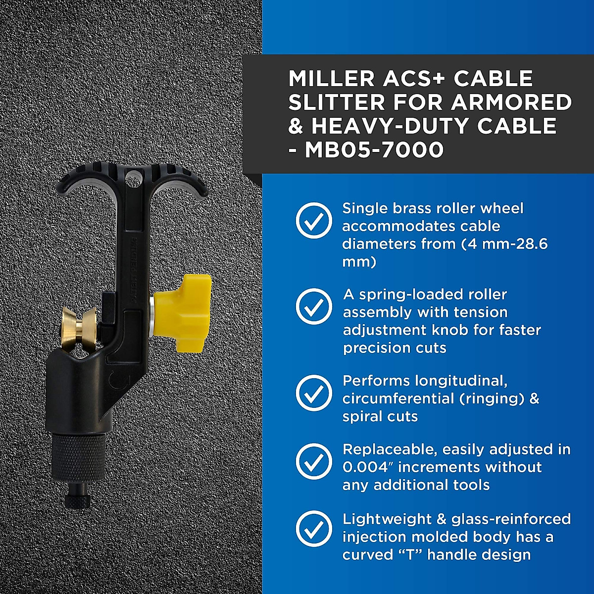 Miller ACS+ Series Cable Slitter for Armored Fiber Cable, Central Tube, and Stranded Loose Tube, Easily Portable Tool for Working Technicians, Electricians, and Installers, 10 Ounces