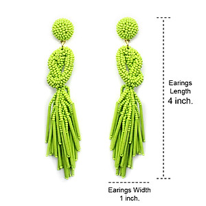Handmade Beaded Solid Color Post Statement Earrings for Women All Season 4 inch Long (Light Green)