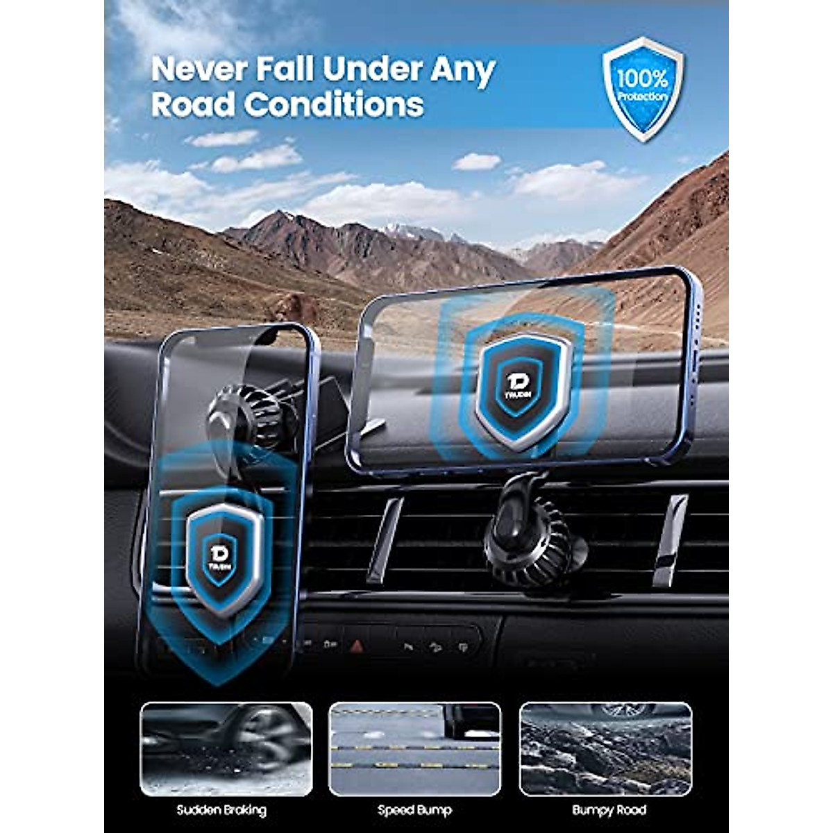 【Military-Grade Magnetic Vent Hook】 Phone Holder for Car【Ultra Sturdy】 Hands-Free Car Phone Holder Mount【Sharp Turns & Bumpy Roads Friendly】 Compatible with iPhone, Samsung,All Smartphones (Long Arm)
