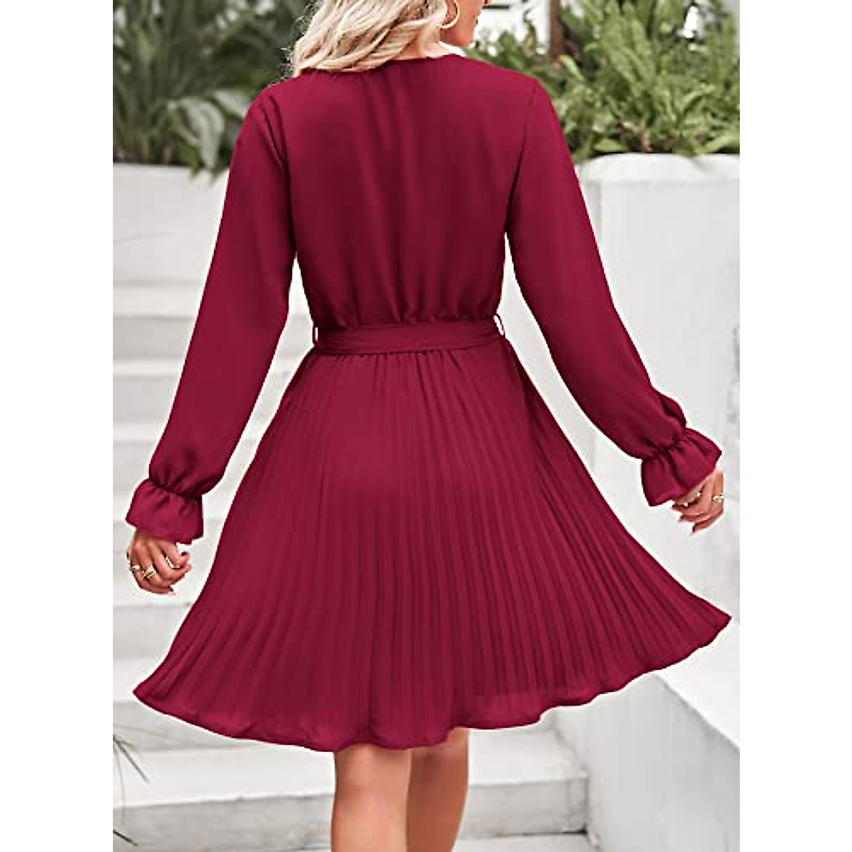 PRETTYGARDEN Women's Casual Spring Fall Dresses Long Puff Sleeve V Neck Pleated Ruffle Flowy Belted Dress (Wine Red,Medium)