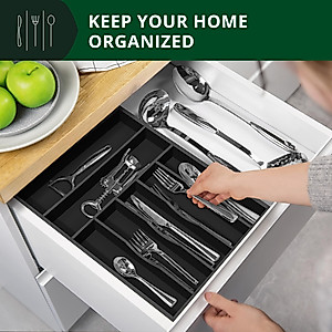 ROYAL CRAFT WOOD Bamboo Kitchen Drawer Organizer - Silverware Organize and Cutlery Tray with Grooved Drawer Dividers for Flatware and Kitchen Utensils (7 Slot, Black)