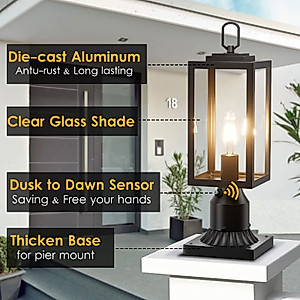 Aoceley Dusk to Dawn Outdoor Post Light with Pier Mount Base, 2-Pack Modern Lamp Post Light Fixtures Waterproof Aluminum Pier Lights Outdoor Column Lights Exterior Post Lantern with Clear Glass Shade