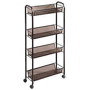 mDesign Slim Steel Metal Rolling Utility Cart Storage Organizer Trolley with 4 Basket Shelves for Laundry Room, Kitchen, Bathroom Organization - Narrow Holder for Detergent - Biro Collection, Bronze