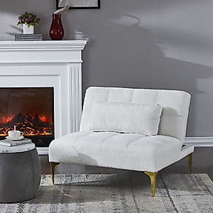 Convertible Sofa Bed, Single Futon Sofa Bed with Adjustable Backrest and Gold Metal Legs, Teddy Fabric Armless Chair for Living Room Bedroom Apartment Office, White