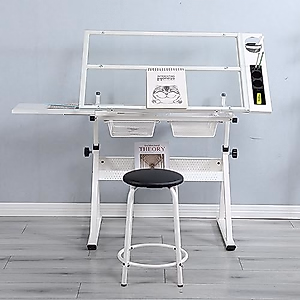 Gynsseh Drafting Table with Stool, Adjustable Height Drawing Table for Artists, 0-75° Tilting Glass Tabletop Art Craft Desk Watercolour Painting Workstation for Home School, White