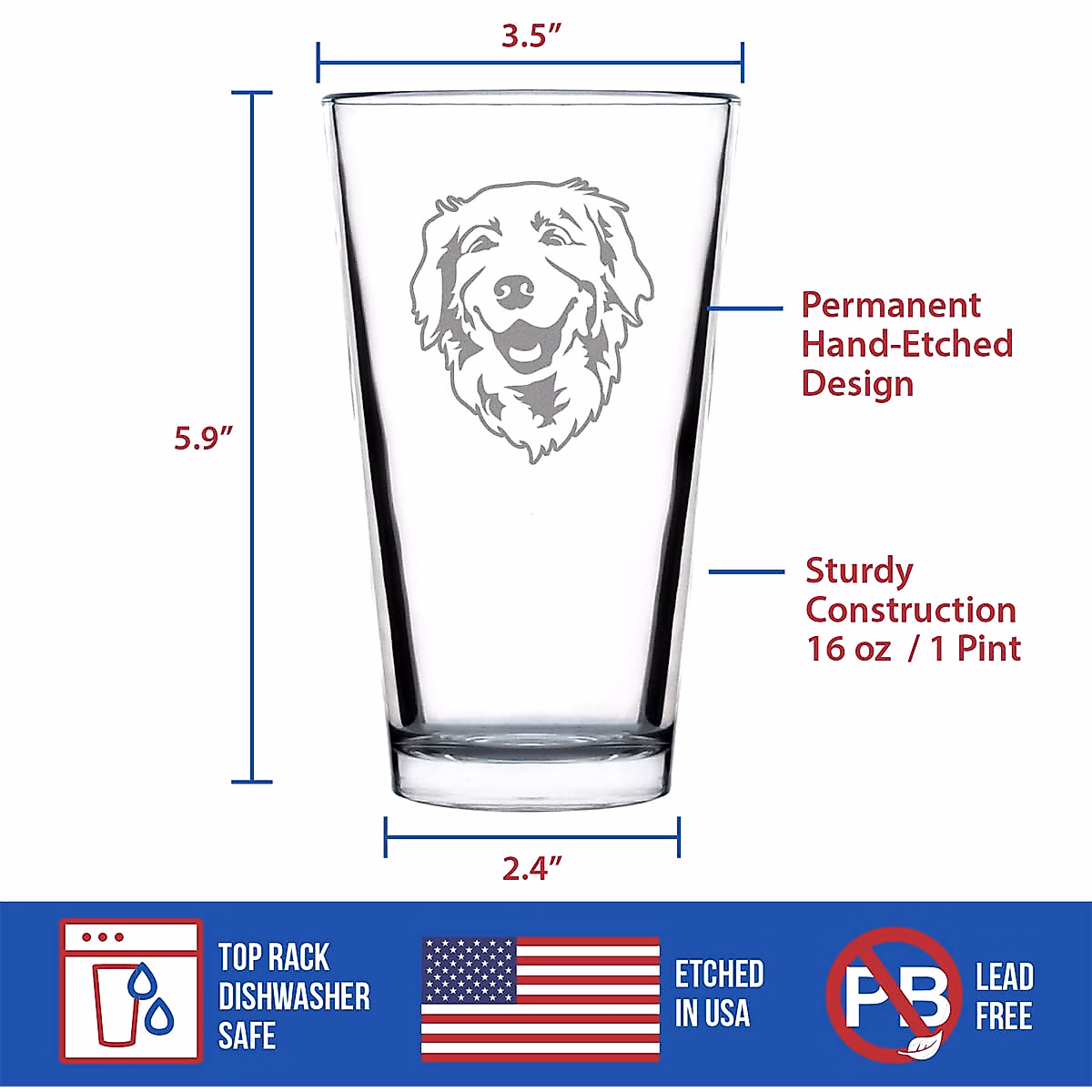 Happy Golden Retriever Pint Glass for Beer - Cute Gifts for Dog Lovers with Golden Retrievers - 16 Oz Glasses
