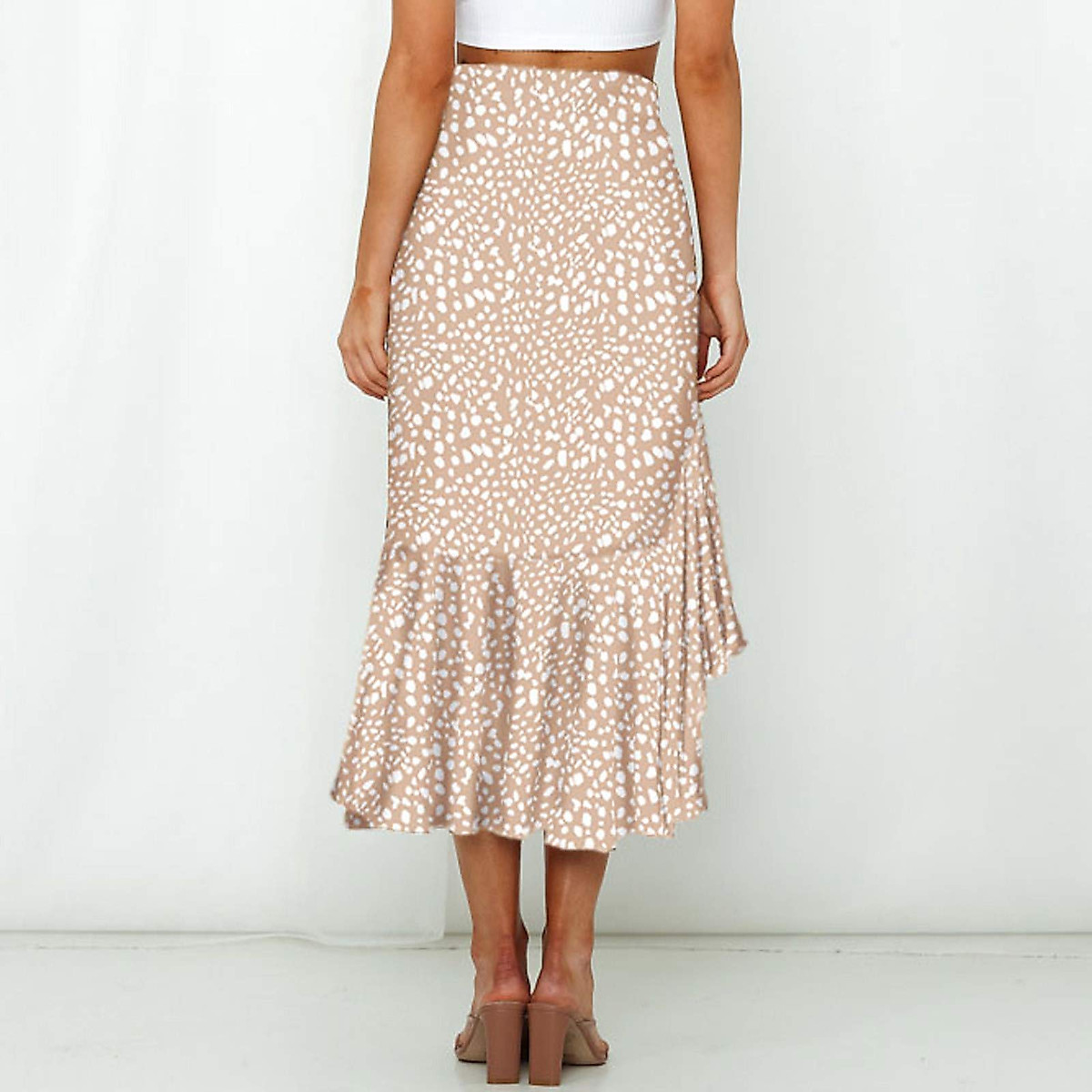 CofeeMO Bravetoshop Womens Boho Floral Print High Waisted Wrap Flowy Midi Skirt Asymmetrical Ruffle Hem Swing A-Line Skirts (Beige,XL)