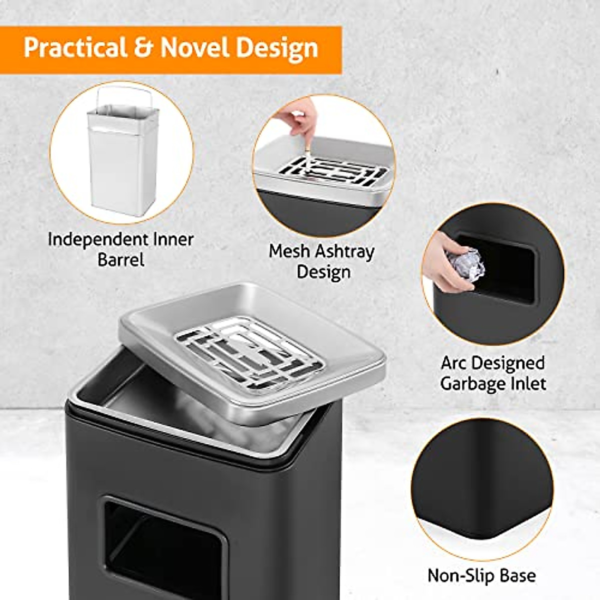 WICHEMI Commercial Outdoor Trash Can Stainless Steel Industrial Garbage Enclosure Metal Trash Can with Lid, Removable Inner Bucket Garbage Can for Home, Office, Elevator Entrance - 16 Liters