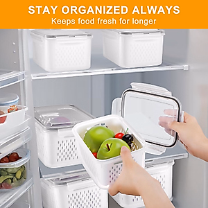 4 Pack Fruit Storage Containers for Fridge with Removable Colanders, Airtight Produce Vegetable Berry Containers for Fridge, All-In-One Food Storage Containers for Washing, Draining, Freshness