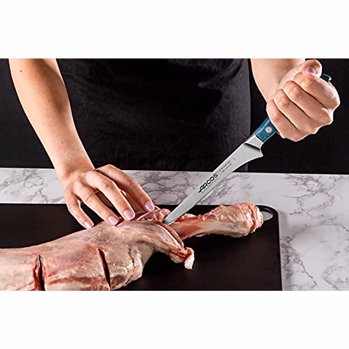 ARCOS Boning Knife 6 Inch Nitrum Stainless Steel and 160 mm blade. Professional Butcher Knife to Slice Bones from Meat. Ergonomic Polypropylene Handle. Series Brooklyn. Color Blue.