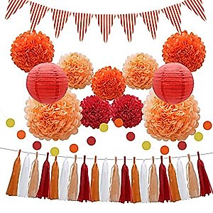 33pcs Party Decorations Supplies Set, Paper Lanterns Tissue Pom Poms Flowers Tassels Hanging Garland Banner Triangle Flag Bunting for Birthday, Baby Shower, Wedding Graduation Events (Orange, Red)