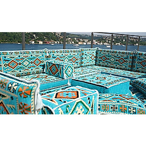 Light Blue Corner Floor Sofa Seating Set, U Shaped Arabic Sofa Set, Oriental Floor Seating, Floor Cushions, Living Room Sofa, Arabic Majlis,Floor Couch (U Sofa Full Set)