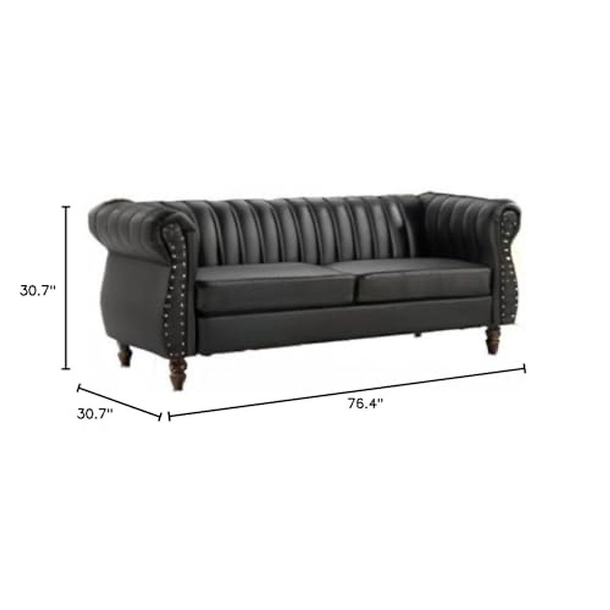 Container Furniture Direct Chesterfield-Inspired 77" Faux Leather Sofa with Elegant Design, Gourd Legs, and Sustainable Pleather Upholstery, 3 Seater Couch for Living Rooms and Offices, Black