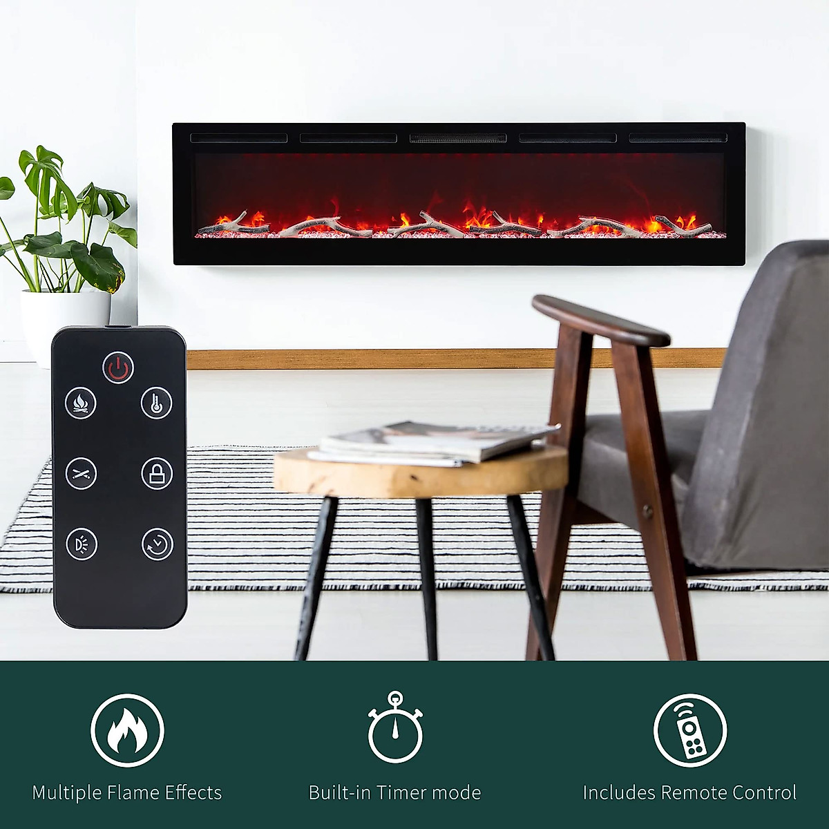 EDYO LIVING 60 inches Electric Fireplace Recessed and Wall Mounted Electric Fireplace Heater and Linear with Timer, Remote Control, Adjustable Flame Color