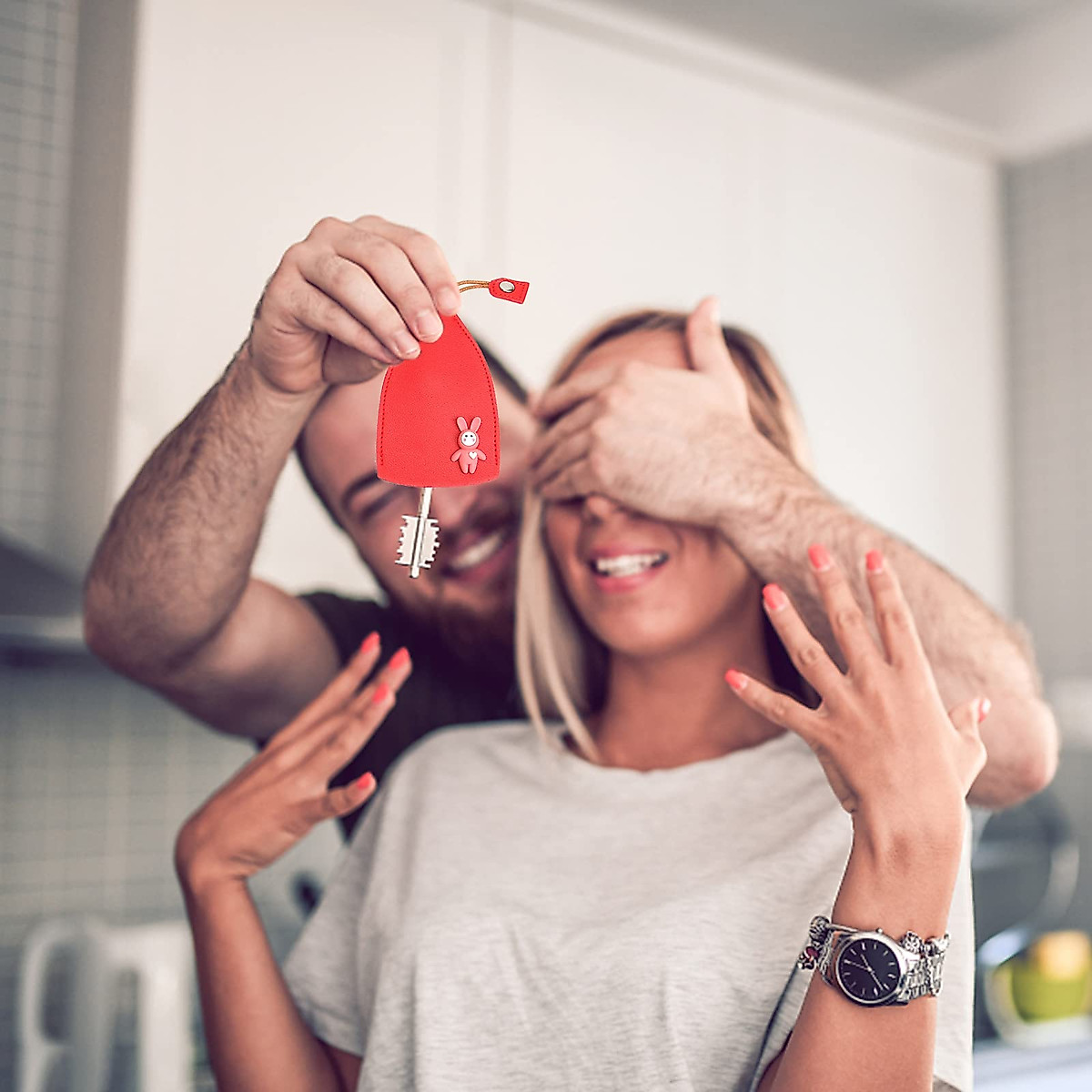 LKHSYAN Car Key Case, 4 PCS Cute Key Case Holder PU Leather Key Pouch Large Capacity Pull Out Car Keychain Bag Sleeve (Rabbit 1)