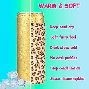 BAGnoREGio Short Plush Beer Can Cooler Sleeves, Soft Velvet Neoprene Insulated Coozie for Soda Beverage Cans, 6-Pack Collapsible Thermocoolers with 1PC Key Bottle Opener (Camouflage,Leopard)