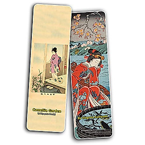 Creanoso Japanese Ladies Bookmarks (60-Pack) Oiran Geisha Kimono Woodblock Print – Inspirational Japanese Art Impressions Bookmarker Cards – Premium Gift Collection for Men & Women, Teens – Page Clip