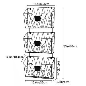 YBING Wall File Organizer for Office Hanging Wall File Holder and Basket Set of 3 Wall Mounted File Rack with Hooks Metal Wall Storage for Office Living Room Black