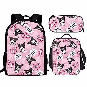 BIJASANI Kawaii Backpack 3PC Set Girls Bookbag Teens Laptop Backpack with Lunch Bag Pencil Case Casual Daypack