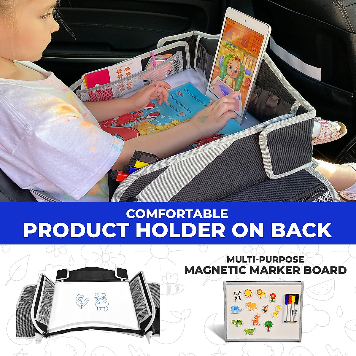 Activitee time Kids Car Seat Tray for Travel - Toddler Road Trip Essentials, Portable Lap Table for Eating & Activities - Must Haves Travel Accessories, w/Multiple Pockets for Toys - Ages 2-8, Gray