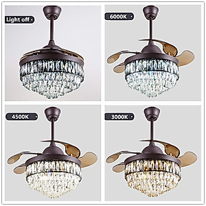 Ruiwing 42" Luxury Ceiling Fan Contemporary Chic Crystal Chandelier Fan Brown Retractable Ceiling Fans Light LED 3 Color Setting for Bedroom Living Room