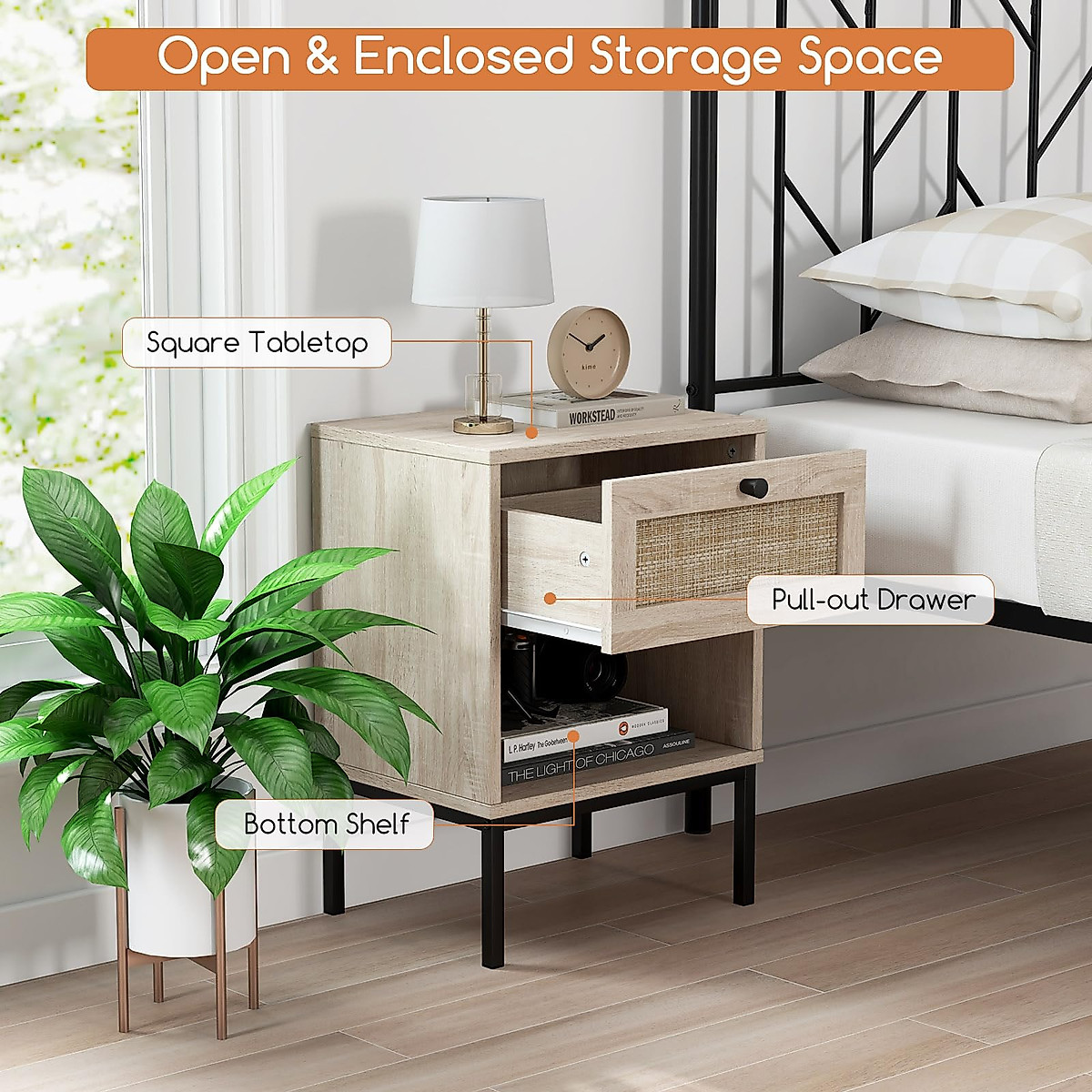 GOFLAME Rattan Nightstand Set of 2, Boho Bedside Table with Drawer & Open Shelf, Wooden End Table with Metal Legs, Farmhouse Sofa Side Table for Bedroom and Small Spaces, Oak