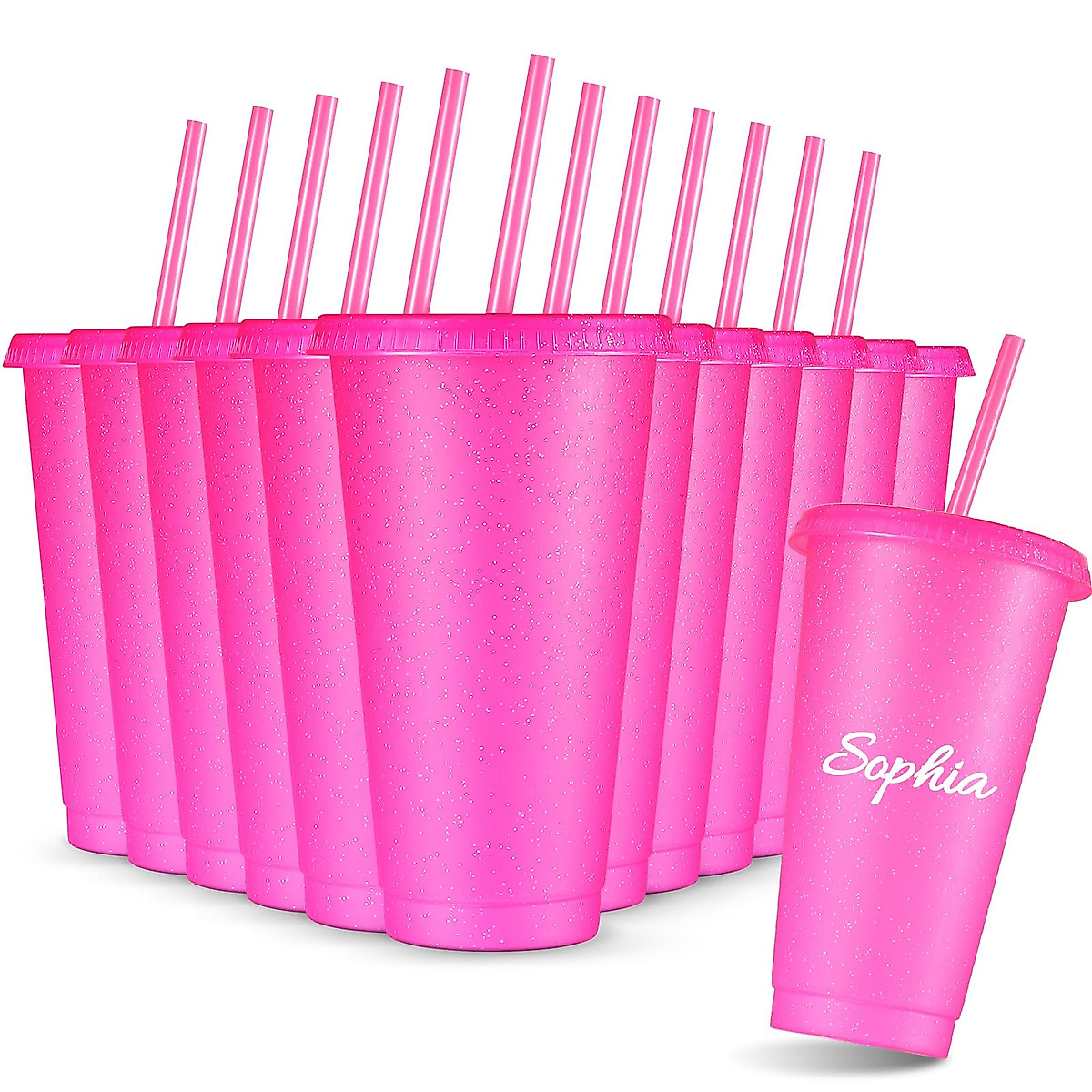 Amyhill 12 Pcs Reusable Cups with Lids and Straws 24 oz Plastic Tumbler Iced Coffee Cup Travel Mug for Smoothie Juices Birthdays Sleepover Party Supplies for Girls(Hot Pink, Shiny Color, 12 Pcs)