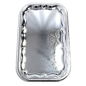 Maro Megastore (Pack of 4) 20.9" x 12.8" Traditional Rectangular Trim Floral Pattern Engraved Catering Chrome Plated Serving Plate Mirror Tray Platter Tableware Holiday Party Serving (Large) T227L-4PK