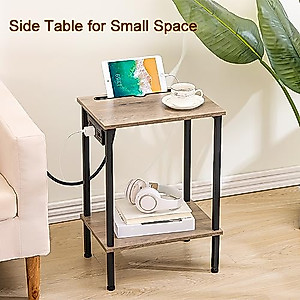 AMHANCIBLE Small Nightstand Set of 2, Side Tables with Charging Station, Night Stand with USB Ports and Outlets, End Tables for Small Space, 2-Tier Storage Shelf, Metal Frame HET032GY