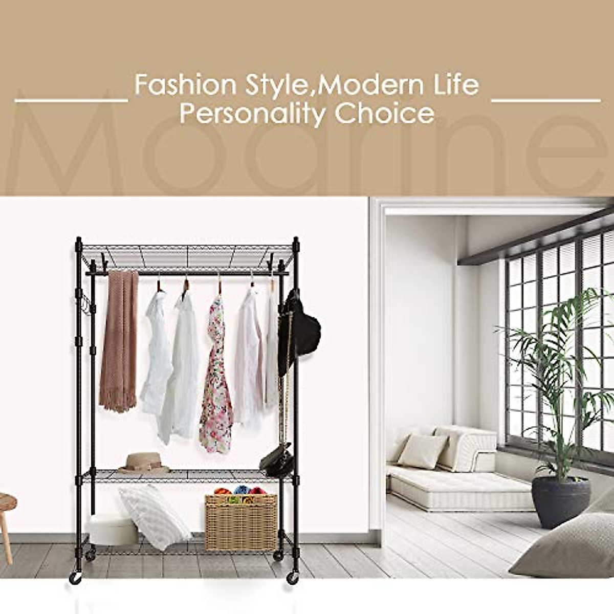 Modrine Clothing Rolling Rack, 3 Tiers Heavy Duty Garment Rack, with Lockable Wheels, 2 Side Hooks and 1 Clothes Rod (Black)