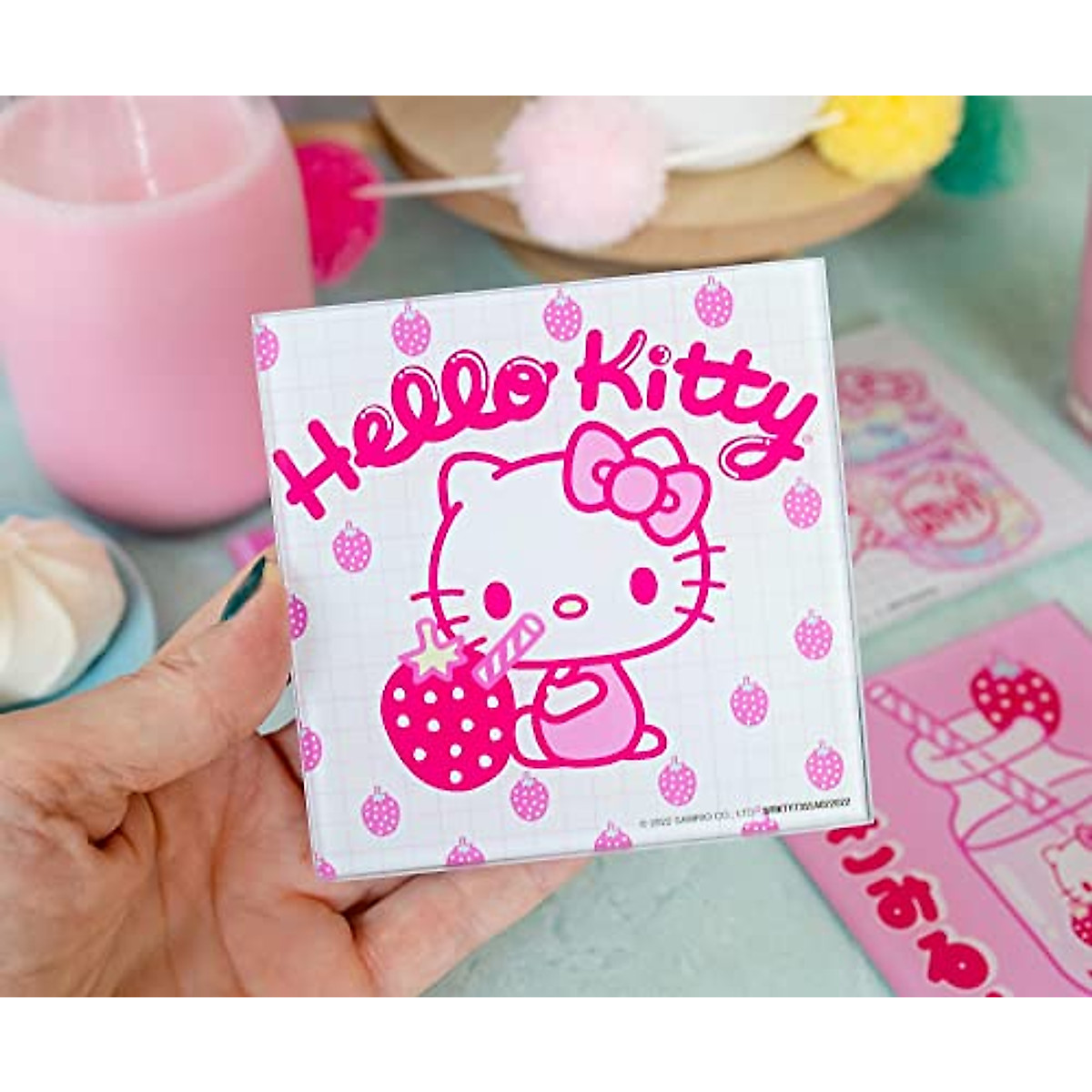 Sanrio Hello Kitty Strawberry Milk Glass Coasters for Drinks, Set of 4 | Tabletop Protection For Home Kitchen, Dining Room Table