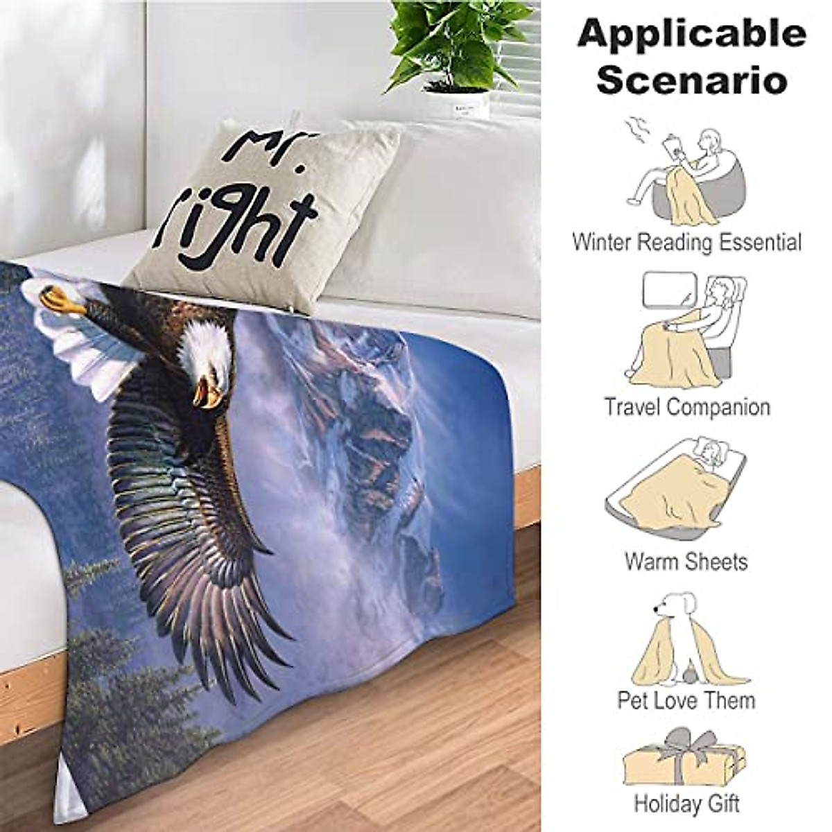 Bald Eagle Blanket American Eagle Decor Throw Blanket Bald Eagle Blanket Gifts for Men Super Warm Soft Plush Lightweight Fleece Flannel Blanket Winter Couch Bedding Blanket for Kids Adults 40"x50"