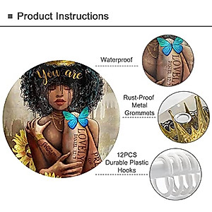 4 Pcs Queen Girl Shower Curtain Sets with 12 Hooks Waterproof Polyester Bathroom Sets with Rugs and Accessories-Bath Mat,Toilet Lid Cover,U-Shaped Mat,Black Girl Shower Curtain for Bathroom