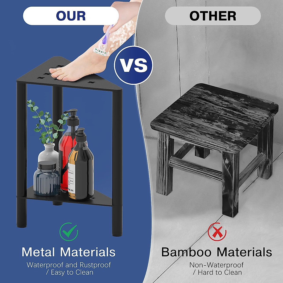 Gyykzz Metal Corner Shower Stool for Shaving Legs, Shower Stool for Inside Shower Waterproof, Bathroom Shower Corner Stool Small Step Stool, Matte Black Shower Foot Stool with Non-Slip Rubber Mat