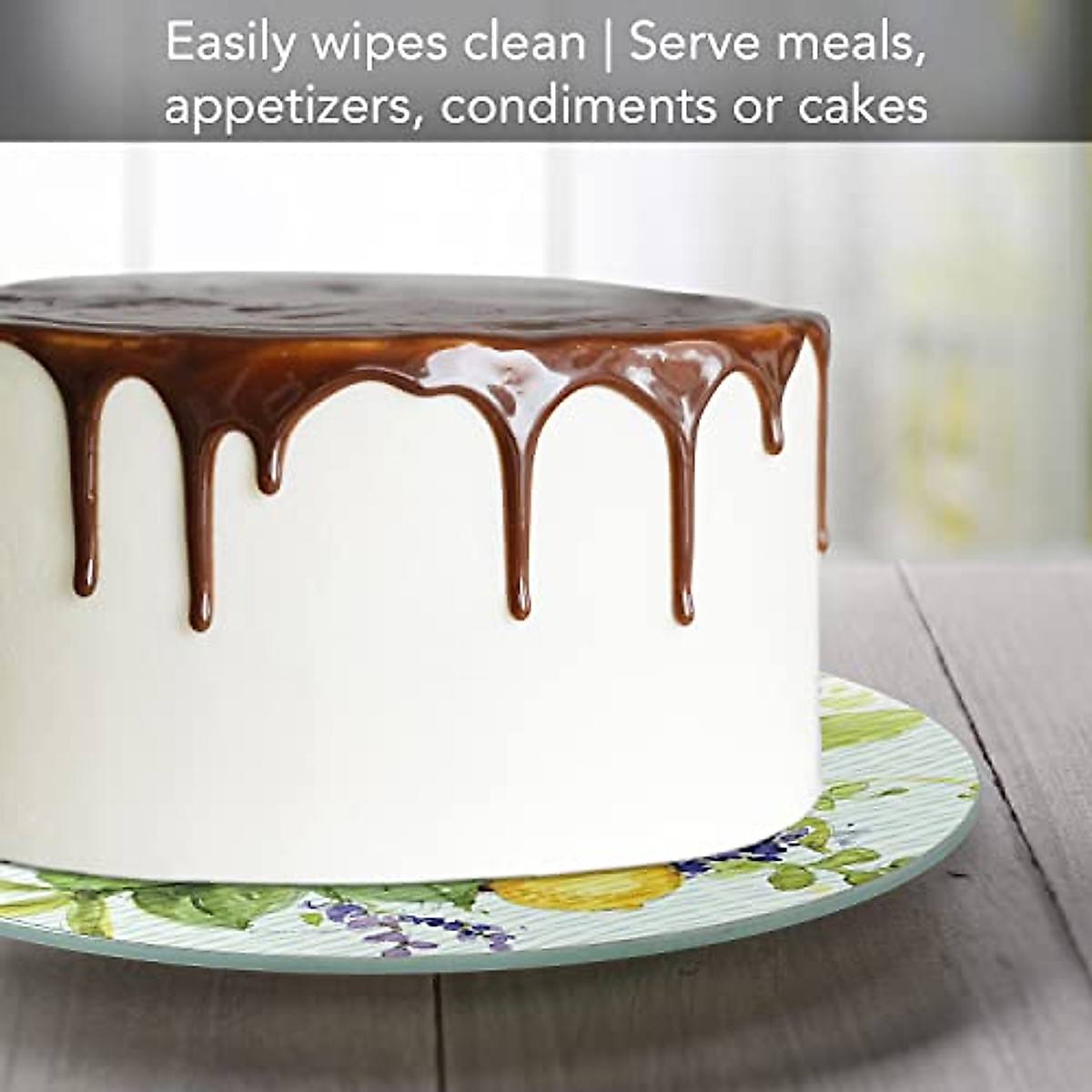 CounterArt Watercolor Lemons 4mm Heat Tolerant Tempered Glass Lazy Susan Turntable 13" Diameter Cake Plate Condiment Caddy Pizza Server