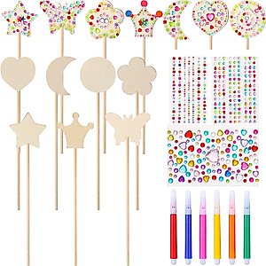 30 Pieces Princess Fairy Wands Kit Include 21 Wooden Fairy Wands Make Your Own Princess Wand, 6 Watercolor Brushes and 3 Gem Stickers Unfinished Wooden DIY Fairy Wand Art Craft Kit for Party Supplies