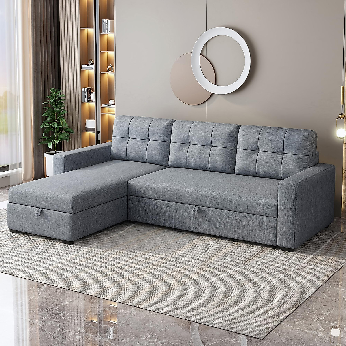 Favfurish 81.5" Sectional Sleeper Sofa with Storage Chaise, L Shaped Pull Out Couch Bed with 3 Removable Back Cushion for Living Room,Apartment,Office, Ligt Grey