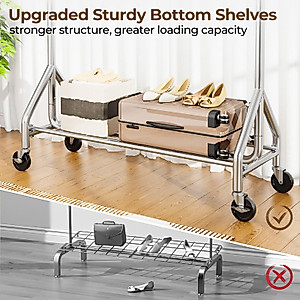 HYSEYY Heavy Duty Clothes Rack Load 450 LBS, Metal Garment Rack, Standing Rolling Clothing Rack for Hanging Clothes with Sturdy Wheels & Shelves, Portable Closet Wardrobe Rack,Sliver