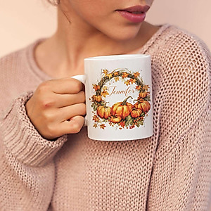 Beautiful Autumn Wreath Mug With Custom Name, Fall Pumpkin And Leaf Design Coffee Cup, Personalized Autumn Lover White Cup 15oz, Customized Fall Ceramic Mug For Friend Coworker