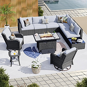 HOOOWOOO Patio Outdoor Sectional Furniture Sofa Set with Fire Pit Table,11 Piece L Shaped Wicker Couch Set with Swivel Chairs,Modern 8 Persons Summer Patio Conversation Set(Grey Gray)