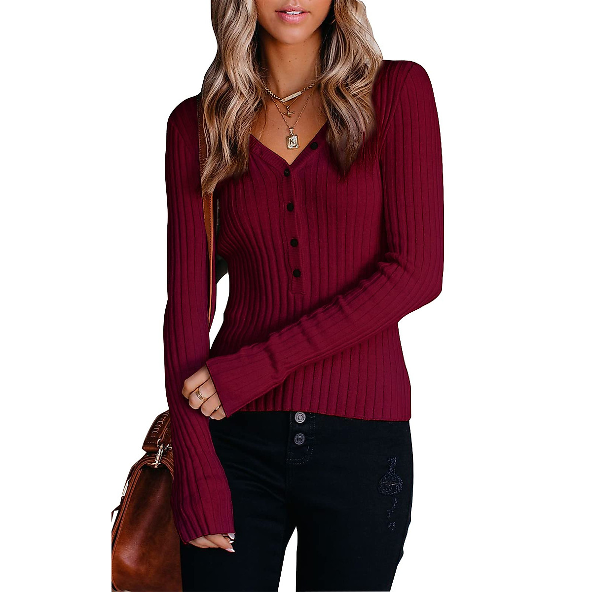 PRETTYGARDEN Womens Long Sleeve Tops - Sexy V Neck Button Ribbed Knit Sweatshirts (Wine Red,Large)