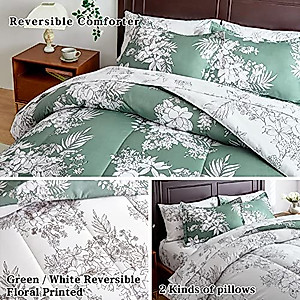 FlySheep Floral Bed in a Bag Queen Size 7 Pieces, White and Emerald Green Botanical Reversible Comforter Bedding Set(1 Comforter, 1 Flat Sheet, 1 Fitted Sheet, 2 Pillow Shams, 2 Pillowcases)