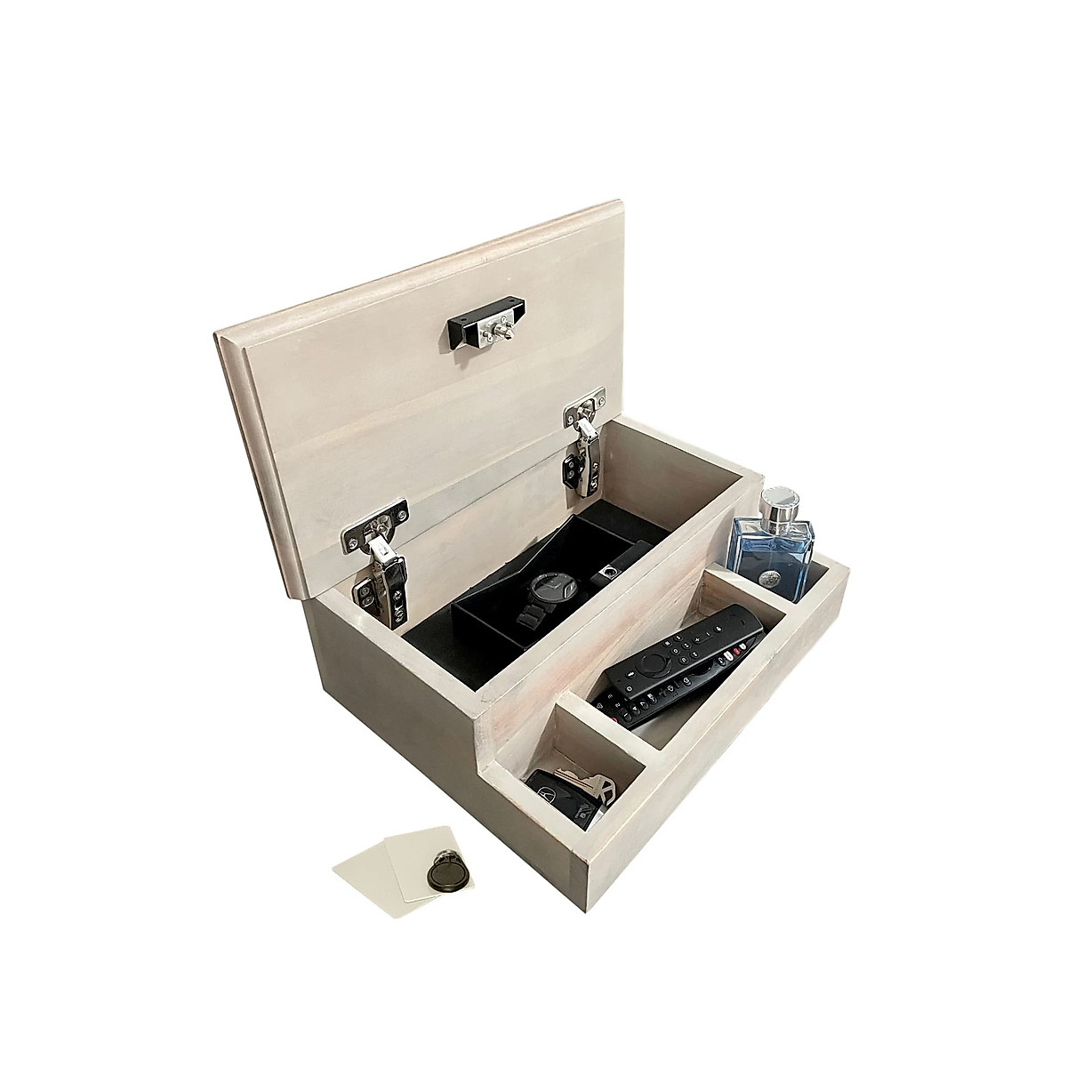 Concealed Catch-All – Concealment Valet Tray Organizer – Jewelry and Watch RFID Lock Box – EDC Tray (Whitewashed Wood)