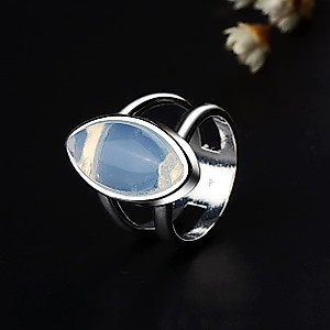 Womens Girls Big Large Opalite Stone Ring Crystal Ring S925 Sterling Silver Natural Genuine Horse Eye Shaped White Agate Onyx Gem Gemstone Ring,Double Line Wide Band Thumb Ring,Punk Biker Cocktail Party Boho Ring Jewelry Gift for Her (Ring_C, 9)