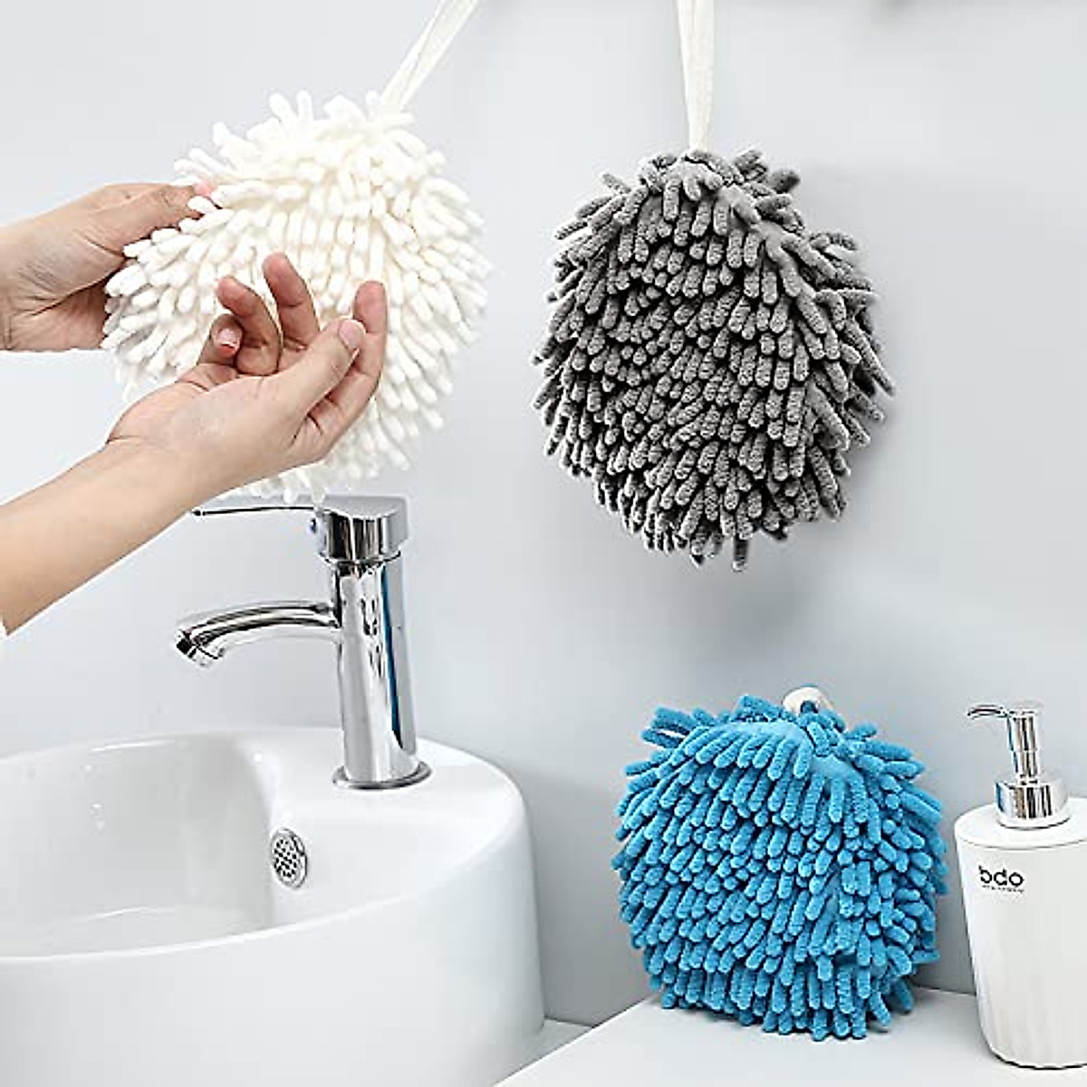 Emivery 3 Pack Chenille Hand Towels Soft Absorbent Microfiber Hanging Ball Towel Bathroom Kitchen Hand Drying Towels Wipe Cleaning