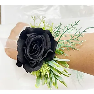 Rikyo Rose Wrist Corsage Wristlet Band Bracelet and Men Boutonniere Set, Corsage for Prom,Bride Hand Flower Flowers Ceremony,Wedding Party Prom Decor,DIY Petals Hair Hat Wreath (Black)