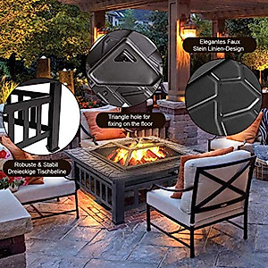 Outdoor Metal Square Fire Pit, 32" Metal firepit for Patio Wood Burning Fireplace Square Garden Stove with Charcoal Rack, Poker & Mesh Cover for Camping Picnic Bonfire Backyard
