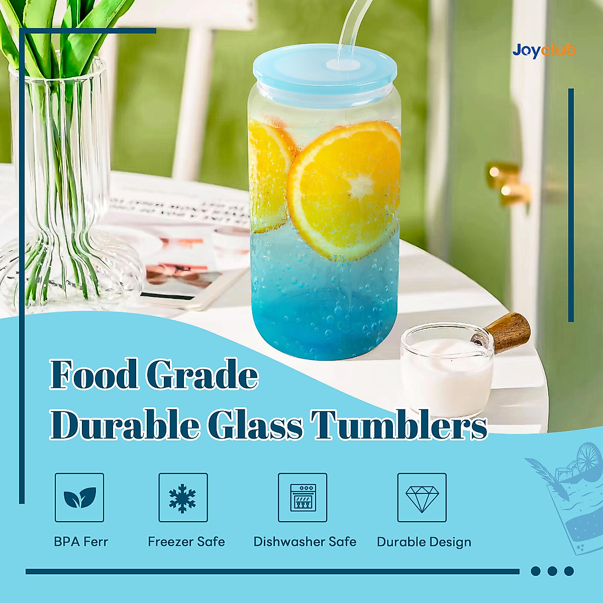 Joyclub 16oz Glass Cups with Acrylic Lids and Straws 8 Set Can Shaped Glass Iced Coffee Cups with Lids, Gradient Drinking Glasses Cute Tumbler Cup Great for Smoothie Soda Boba Tea Cocktail Beer Gift