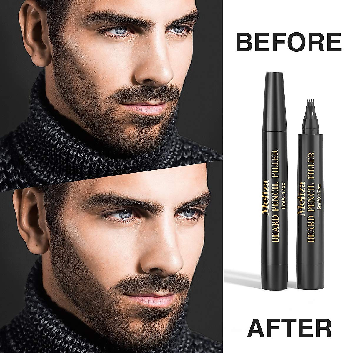 Beard Pencil Filler,Meliza Beard Pen,Waterproof Proof & Sweat Proof,Beard Pencil Filler for Men Long Lasting Coverage Natural Finish Beard Pencil (Black)